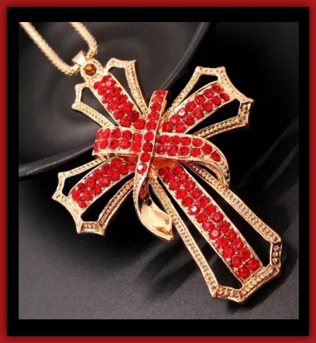 Betsey Johnson Gold Trim Red Rhinestone Cross Pendant Necklace NWT | eBay