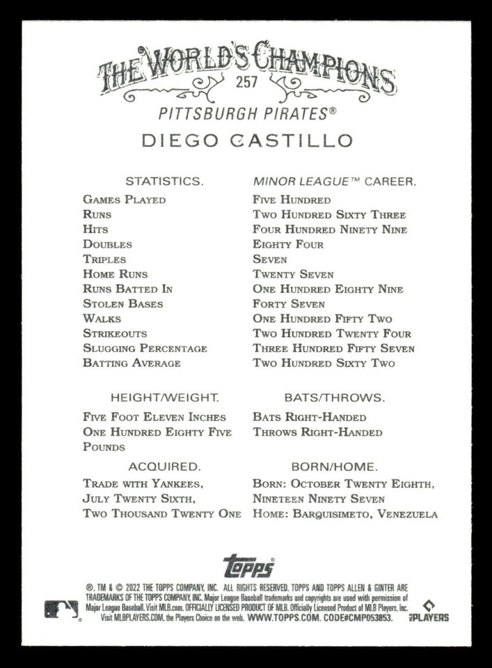 2022 Topps Allen & Ginter X Diego Castillo RC Rookie #257 | eBay