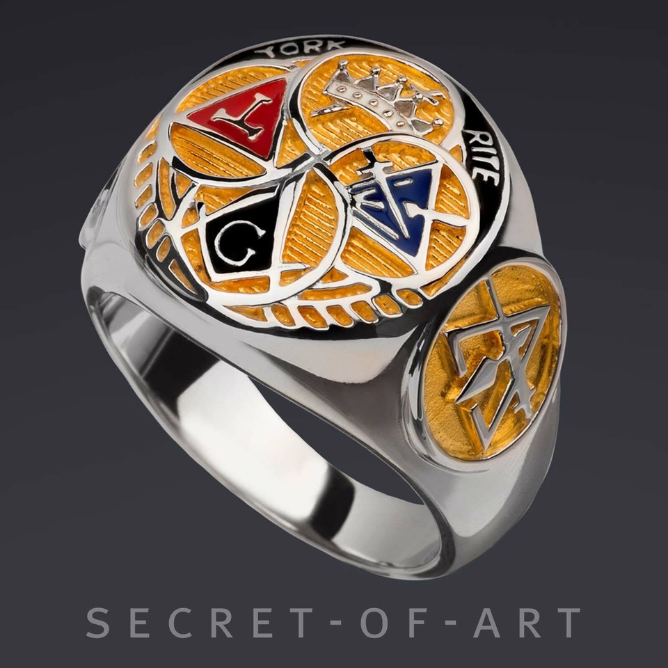 York Rite Ring Masonic Freemason Silver 925 Master Mason Templar 18K ...