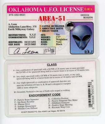 NEW Actual Alien Area 51 Permit UFO Driver's License - Oklahoma | eBay