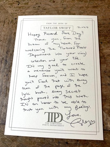 Taylor Swift RSD 2024 Promo Note Card Letter + TTPD CD incl 2-sided ...