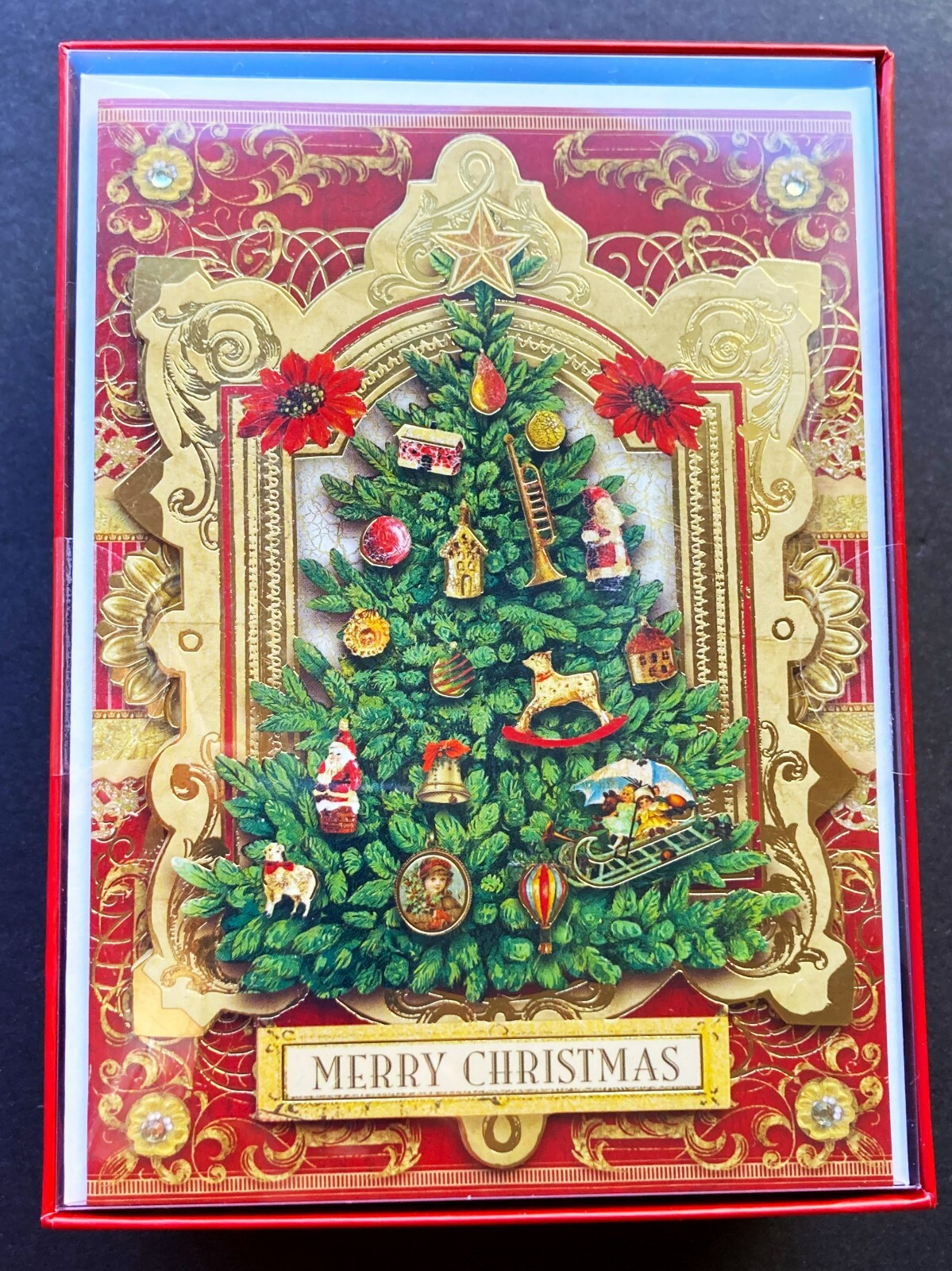 Box of 15 Punch Studio Christmas Cards Tree 3D Layered Gold Foil Jewel ...