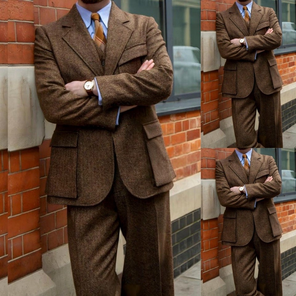 Brown Men's Safari Jacket 3Pcs Vintage Tweed Casual Herringbone Formal ...
