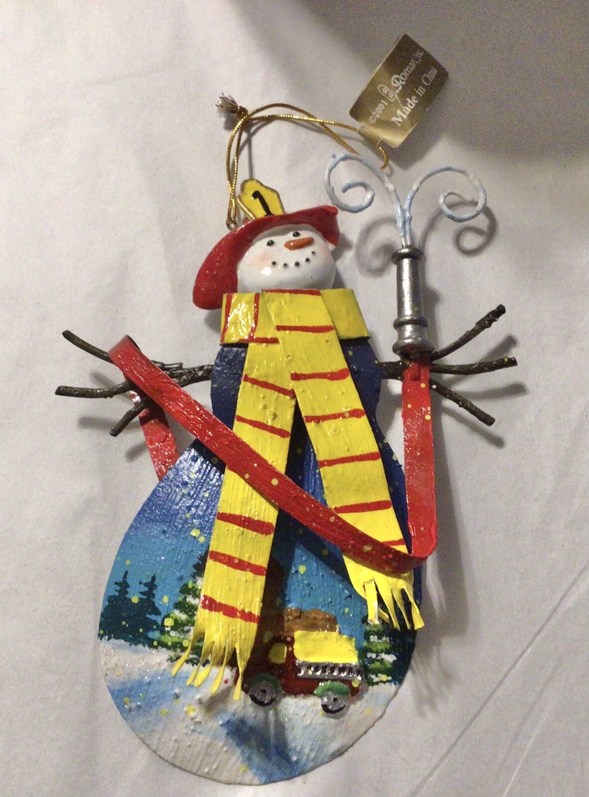 Roman Christmas Fireman Snowman Tin Painted Scene Yellow Scarf Ornament ...