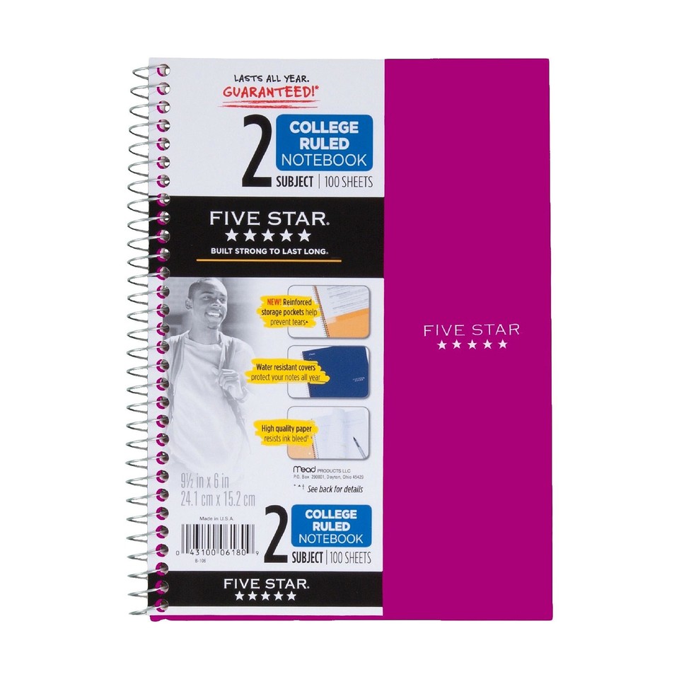 Five Star 2 Subject College Ruled Solid Spiral Notebook, 9 1/2" x 6 1/2 ...