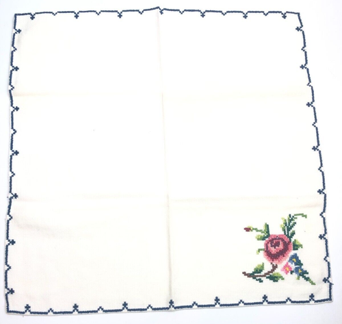 Completed Cross Stitch Table Mat 15" Square Handcrafted Red Rose Blue ...