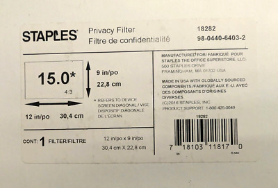 Staples Laptop 15" Privacy Screen Filter Black 18282 | eBay