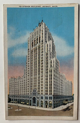 1936 MI Postcard Detroit Michigan Fisher Building street view vintage ...