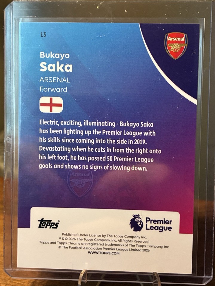 Bukayo Saka 2025-26 Topps Chrome Premier League Aqua Wave /199 Arsenal ...