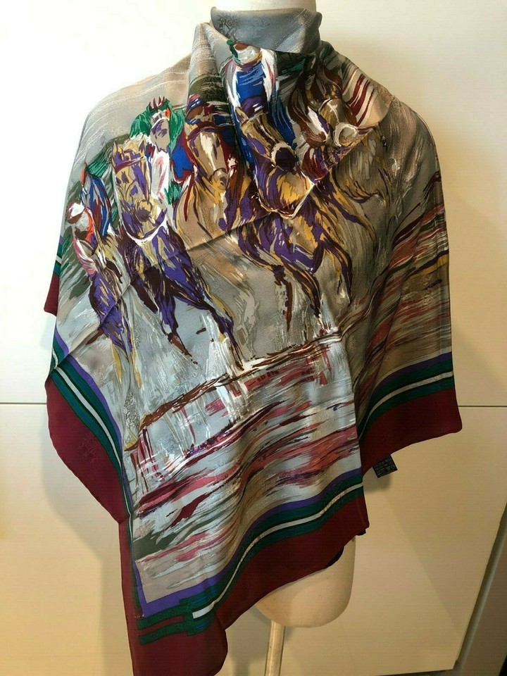 DAKS Deep Red, Silk Jacquard "Crests & Horse Race" Scarf 86cmx86cm ...