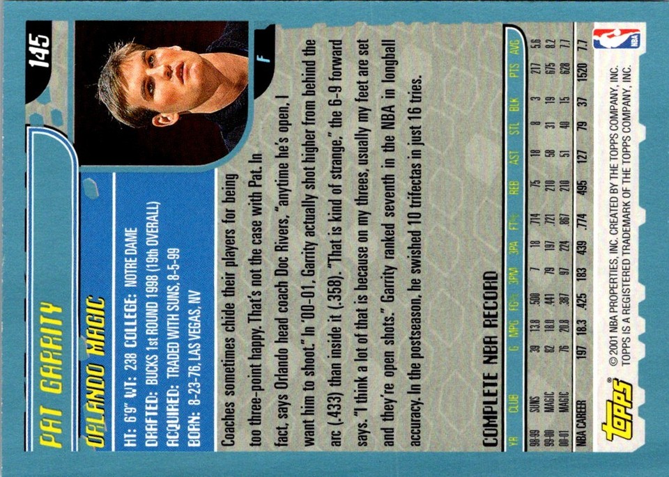 2001 Topps Pat Garrity #145 Orlando Magic Basketball Card | eBay