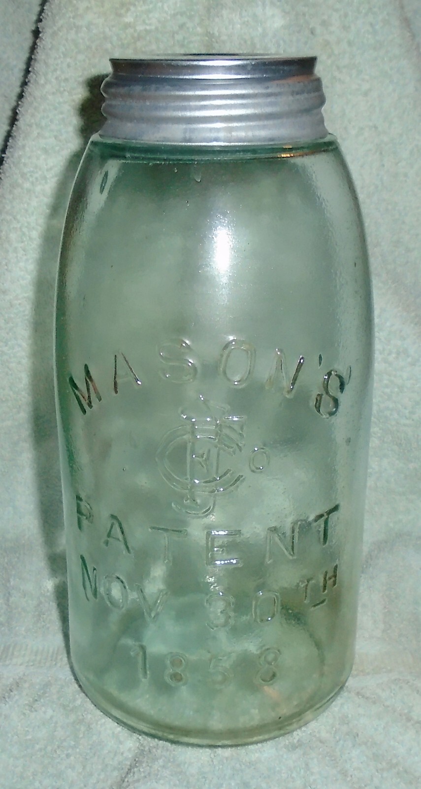 Antique CFJ Mason's Patent Nov. 30th, 1858, Aqua Half Gallon Jar w/Zinc ...