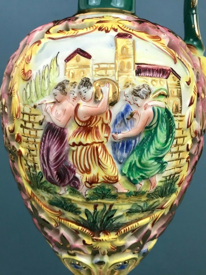 ATQ Capodimonte Italy Porcelain Open Work Relief Fairies Pitcher Vase ...