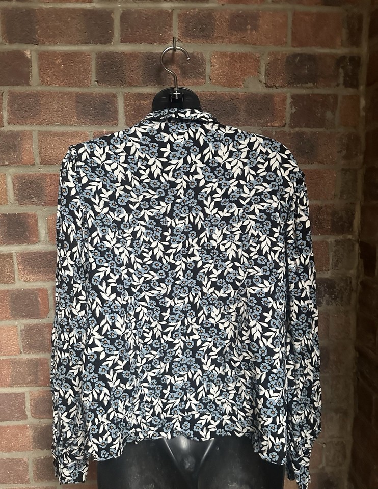 PRIMARK Black Blue White Floral Print Button Up Shirt Blouse Size 16 ...