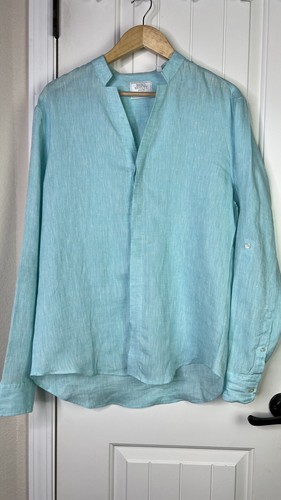 Baird McNutt Linen Murano Womens Shirt Button Teal Roll Tab Sleeve V ...