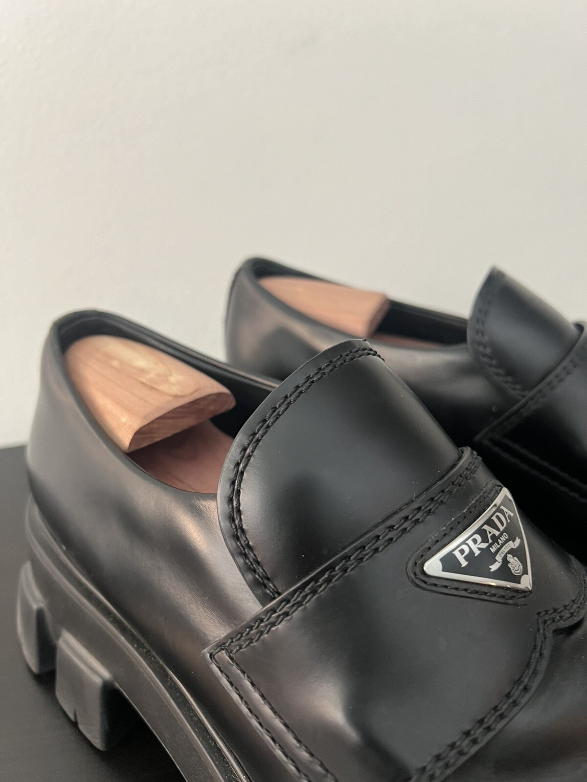 Prada Monolith Men's Black Brushed Logo Leather Loafe… - Gem