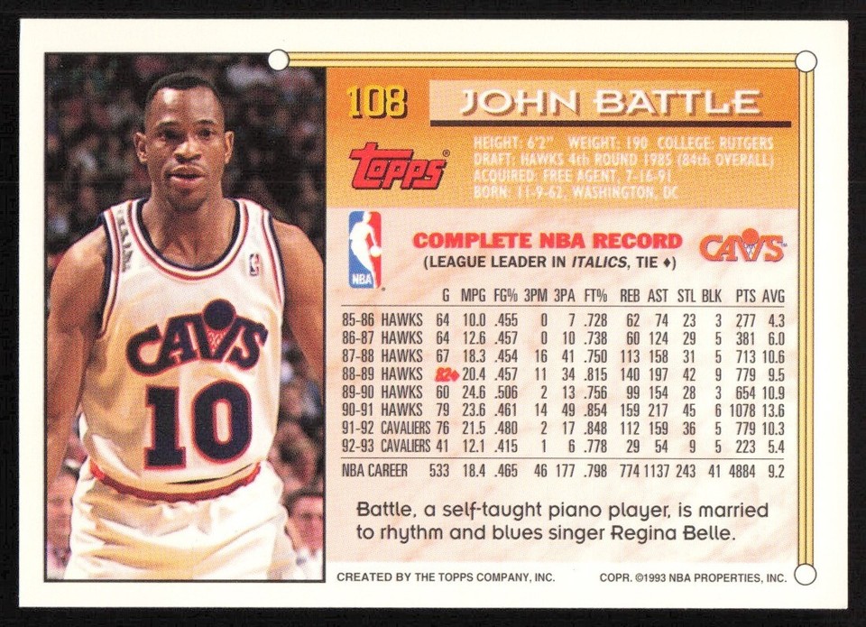 1993-94 Topps Gold John Battle #108 Cleveland Cavaliers | eBay