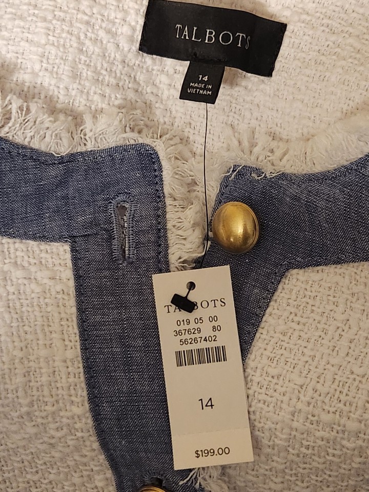 Talbots - Airy Tweed Woven Jacket - White w/ Blue Trim - NWT - Size 14 ...