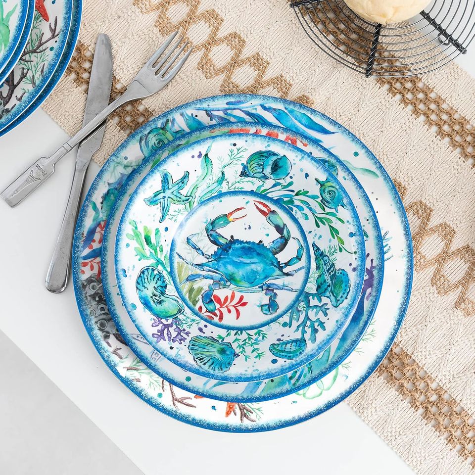 12-Piece Melamine Beach Dinnerware Set, Coastal Plates and Bowls Sets ...
