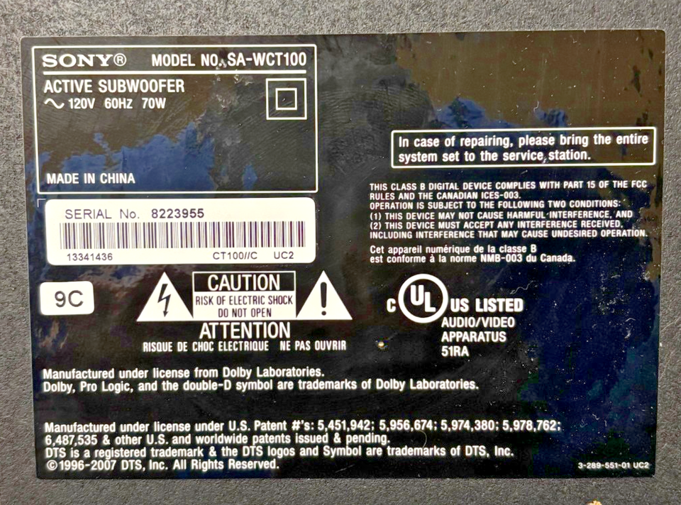 SONY Active SUBWOOFER SA-WCT100 with Remote & SS-MCT100 Sound Bar | eBay