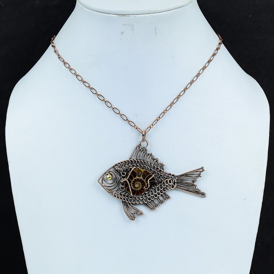 Gift For Her Ammonite Fossil Wire Wrapped Fish Pendant Copper Jewelry 2 ...
