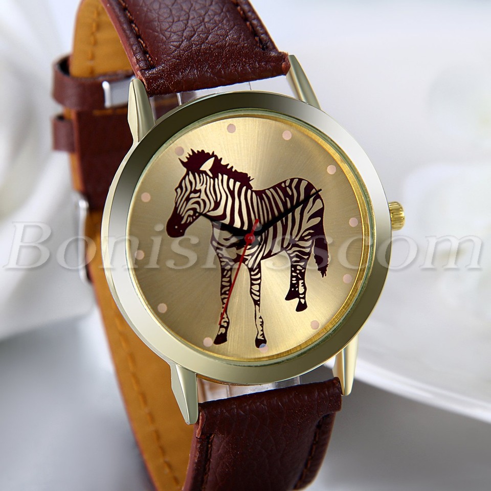 Women Fashion Casual Leather Strap Zebra Pattern Analog Quartz Round ...