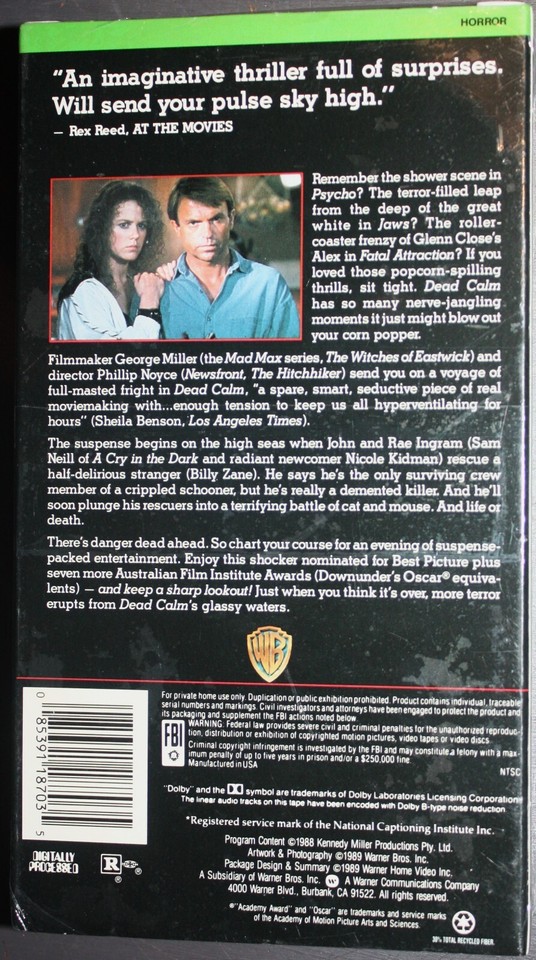 DEAD CALM (vhs) Nicole Kidman, Billy Zane, Sam Neill. NEW. Sealed. Rare ...
