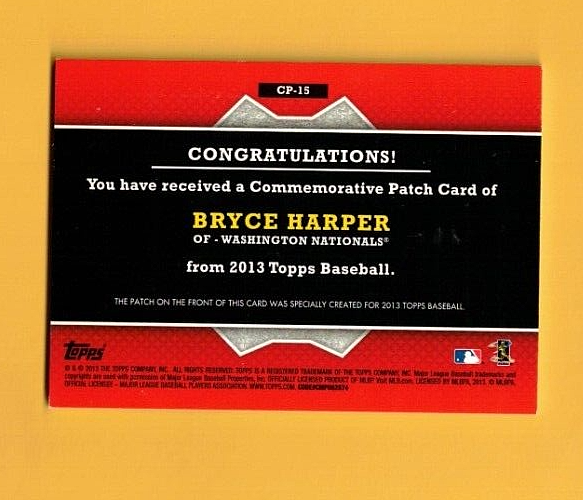 BRYCE HARPER 2013 TOPPS COMMEMORATIVE PATCH #CP-15 | eBay
