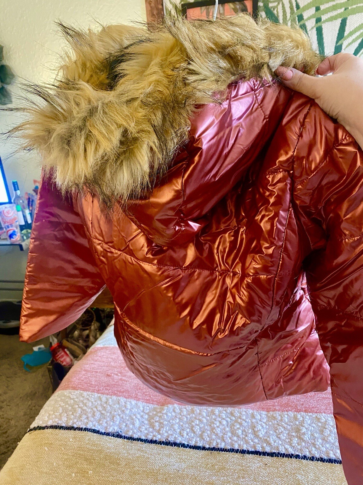 Fashion Women’s Shiny Copper Puffer Coat With Faux Fur Hoodie Brand New ...