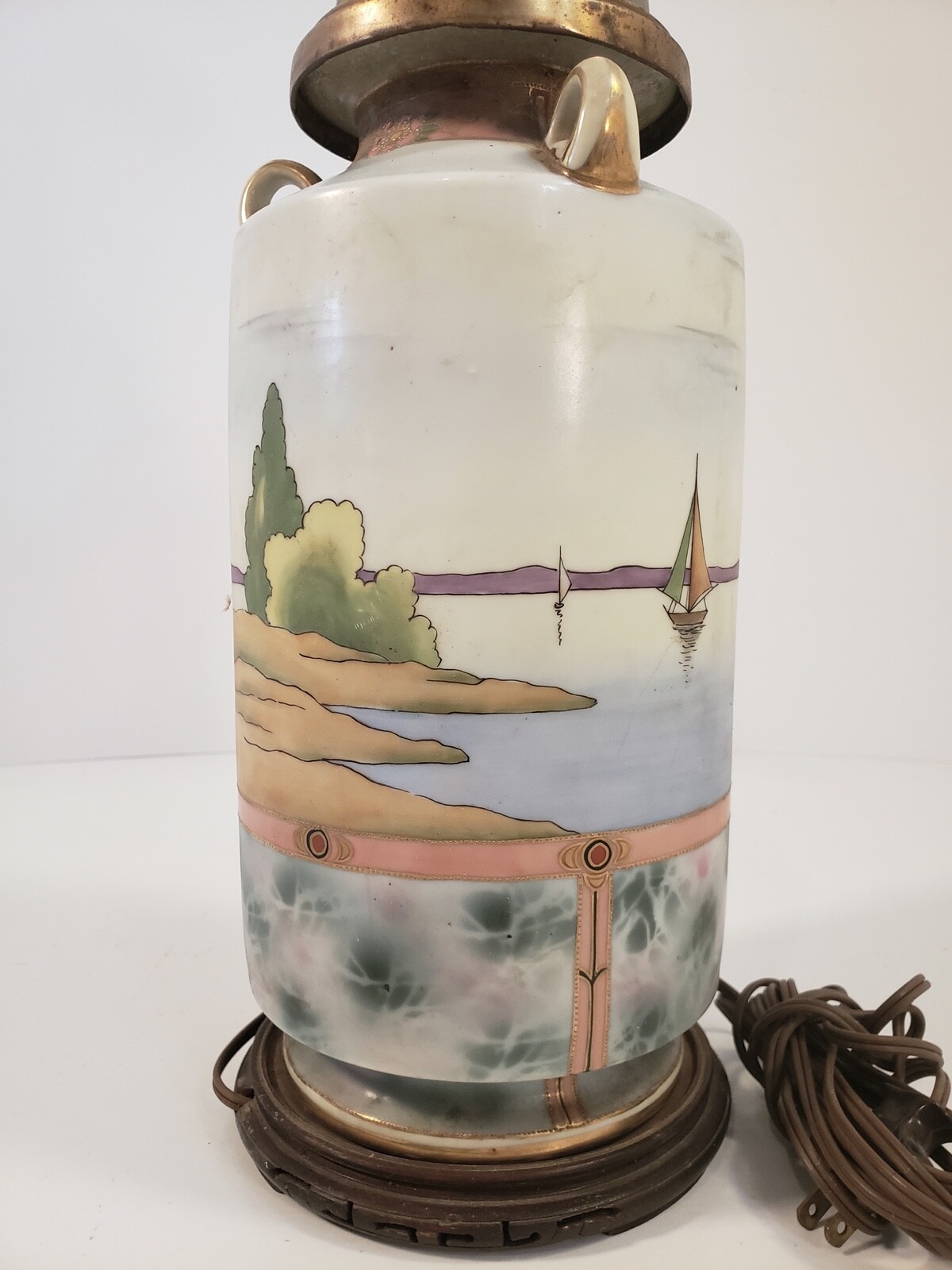 Art Deco Boat Scene Early 20th Century Converted Pewter Lamp Porcelain ...