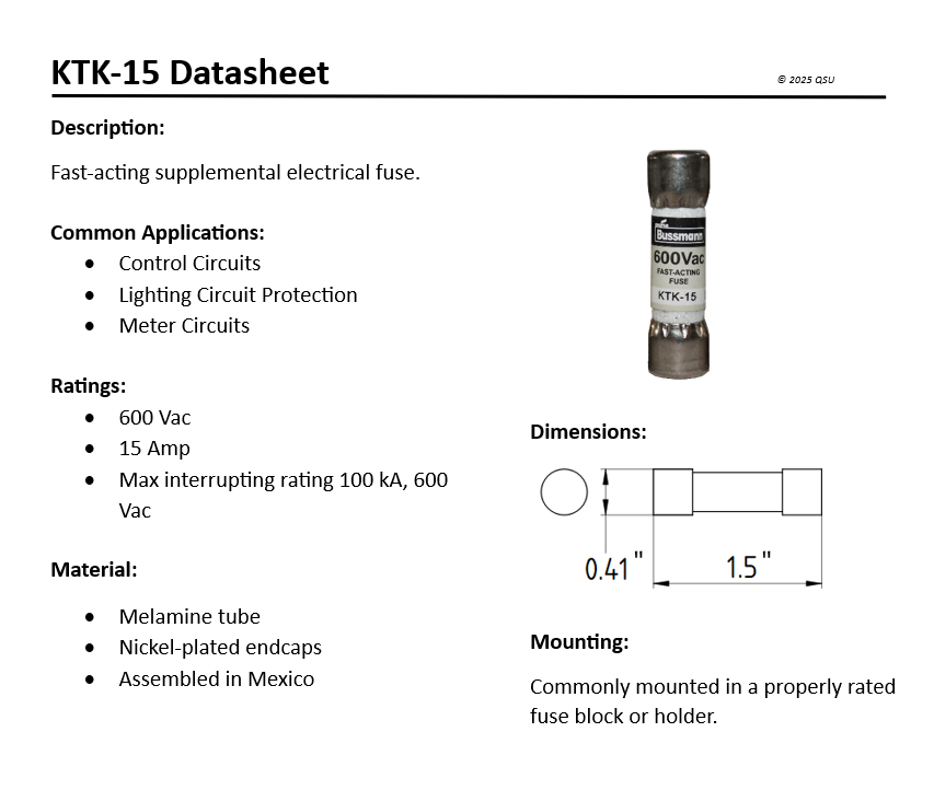 KTK-15 Fast Acting Fuse 892583 15 Amp 600 Volt (2 Pack) - Fast Shipping ...