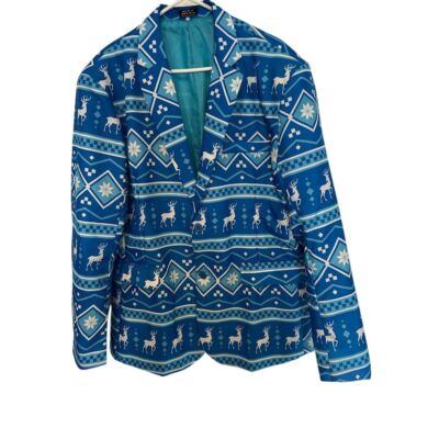 Festive Nordic Reindeer Print Blazer Holiday Party Jacket Winter ...