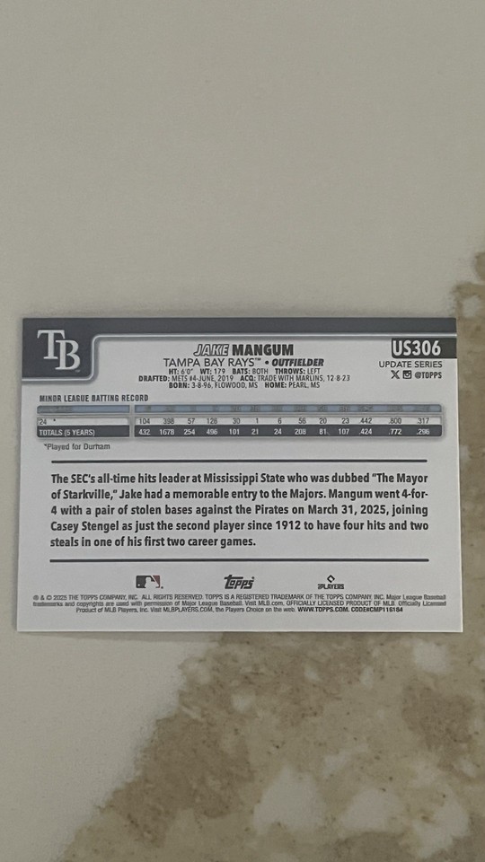 Jake Mangum Tampa Bay Rays 2025 Topps Update Rainbow Foil Rookie Card ...
