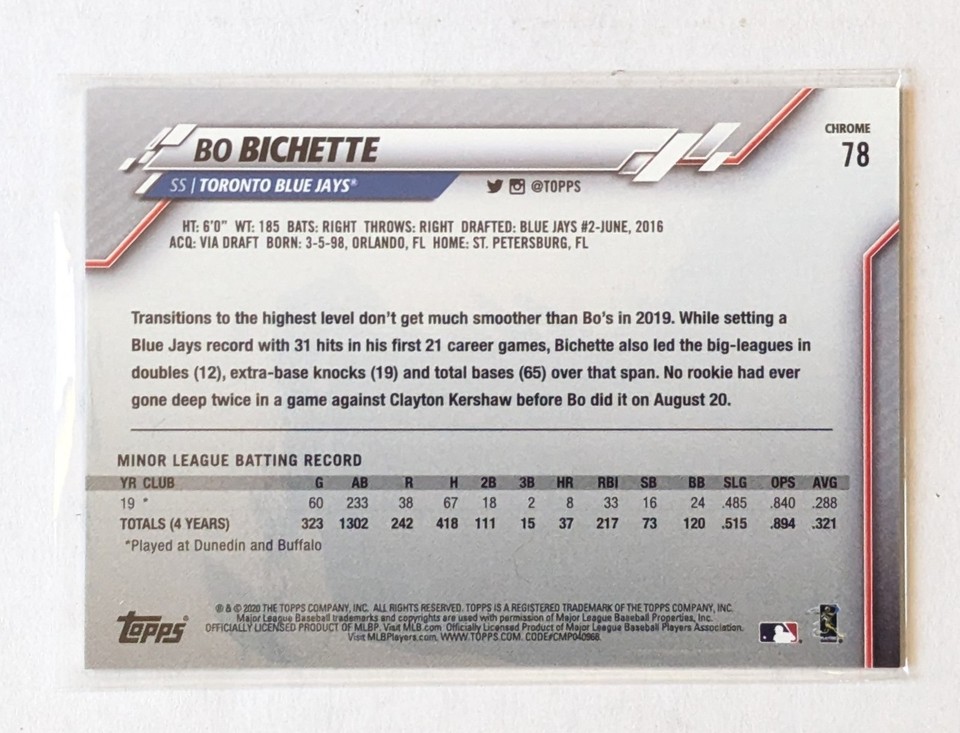 2020 Topps Chrome Bo Bichette Complete Set Refractor RC #150 Toronto ...