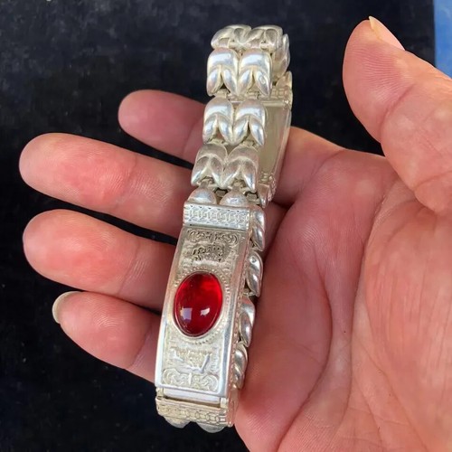 Asian Chinese Old Miao Silver Hand Cast Statue Bracelet Ruby Jewel | eBay
