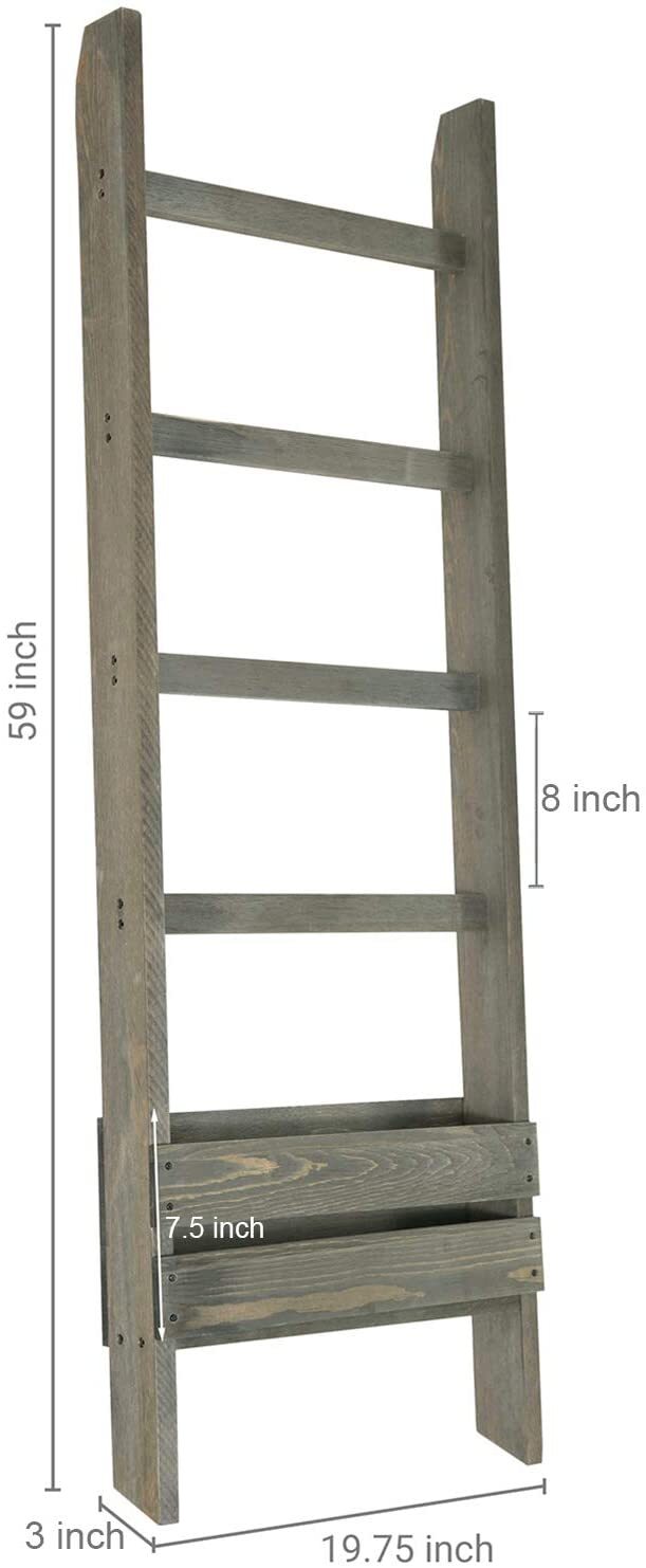 4-Rung Gray Solid Wood Towel or Blanket Ladder Rack with Magazine ...