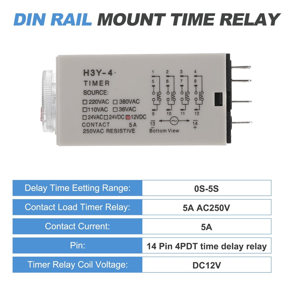 DC12V Timer Relay 4PDT Time Relay Timing Delay 14P 0S-5S Second H3Y-4 ...