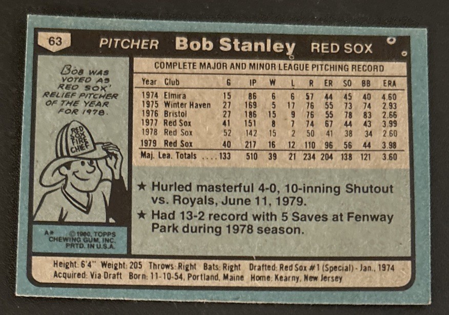 1980 Topps Bob Stanley Baseball Card #63 Red Sox Pitcher VG O/C | eBay