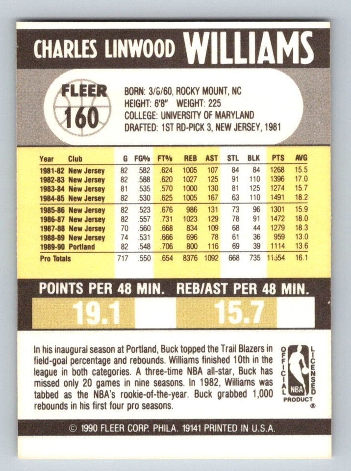 1990 Fleer #160 Buck Williams Portland Trail Blazers Basketball Card | eBay
