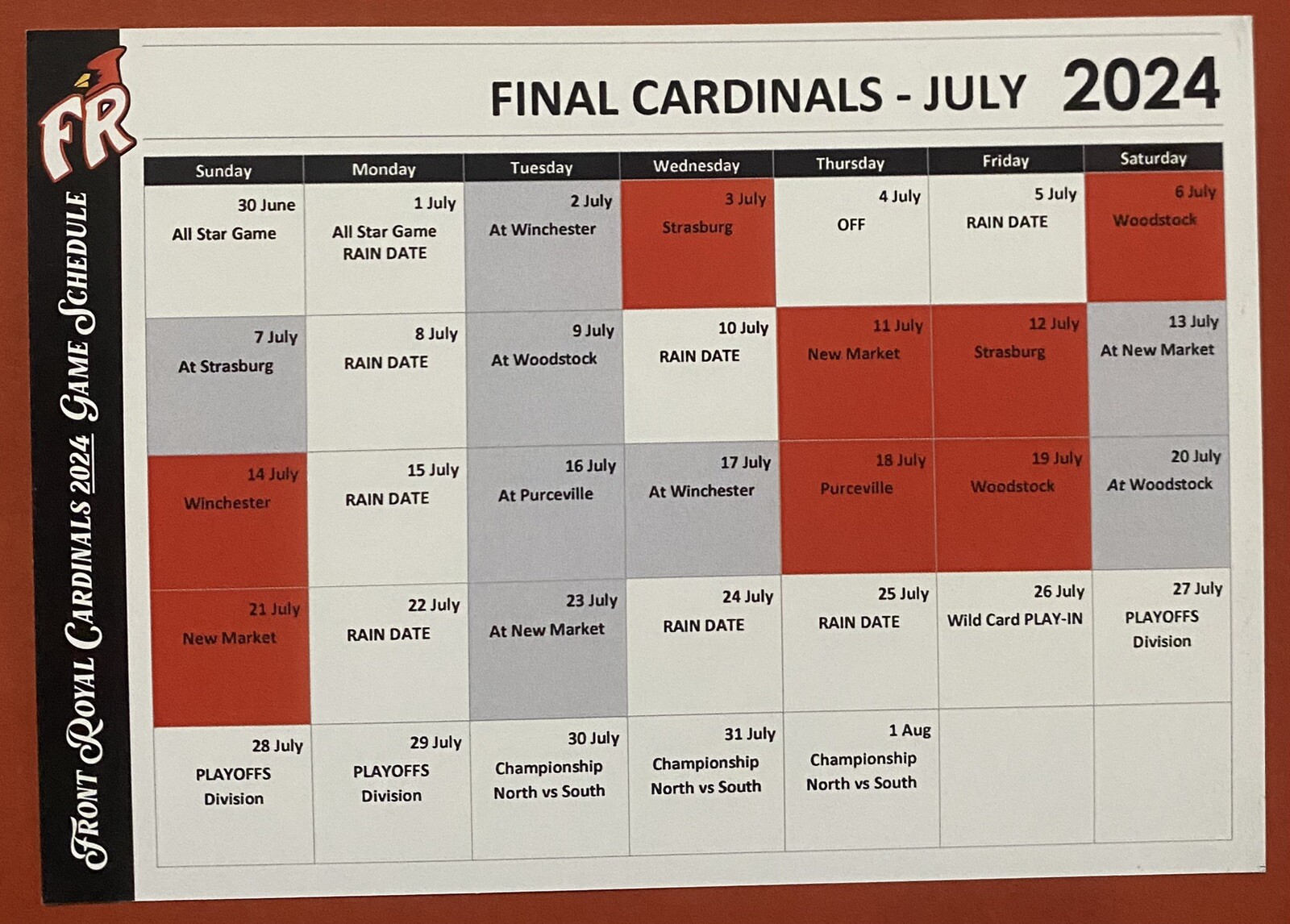 2024 FRONT ROYAL CARDINALS Schedule ⚾️ Minor Baseball Sked LARGE CARD ...
