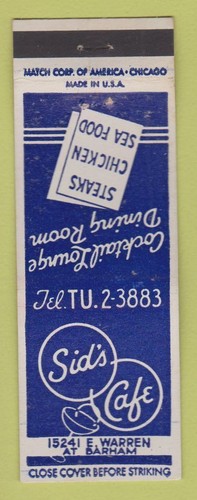Matchbook Cover - Sid's Cafe Detroit MI | eBay