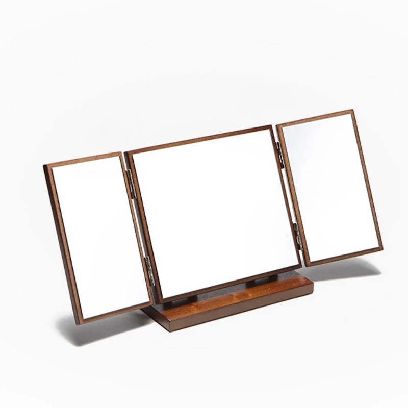 7.07" Foldable Three Sided Wooden Base Mirror Handcarved Desktop Makeup ...