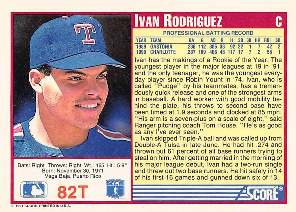 1991 Score Traded Baseball Ivan Rodriguez Rookie Card #82T NM/MT TEXAS ...