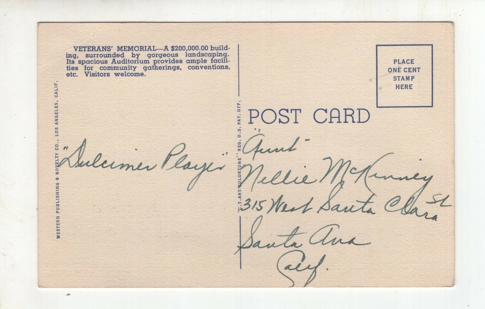 Vintage Post Card - Santa Maria Veterans Memorial - Santa Maria ...