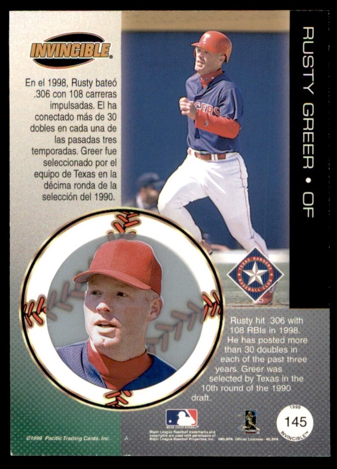 1999 PACIFIC INVINCIBLE RUSTY GREER TEXAS RANGERS #145 | eBay