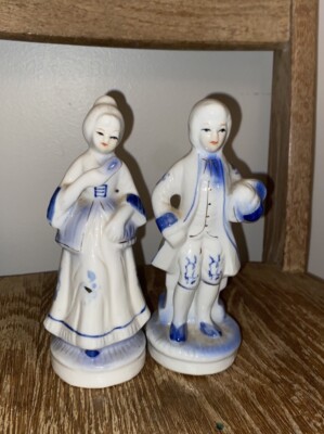 Vintage Porcelain Colonial Figurines White Blue Man Woman Statuettes ...