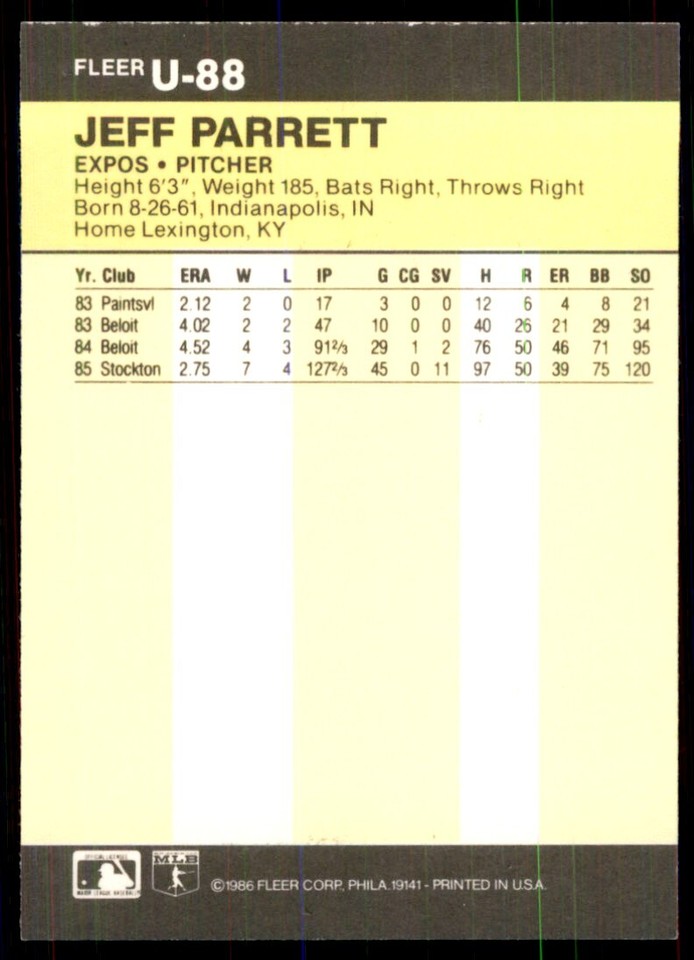 1986 Fleer Update Jeff Parrett Baseball Cards #U-88 | eBay