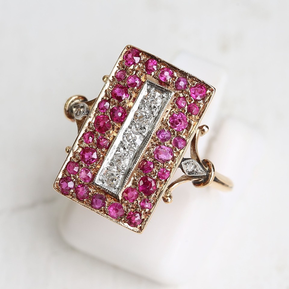 Ruby Diamond Ring - Antique 18ct Yellow Gold Ruby Diamond Tablet Ring ...