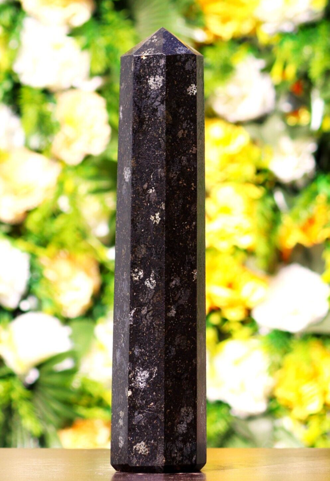 275MM Black Coppernite Crystal Healing Tower Chakra 8 Faceted Gemstone ...