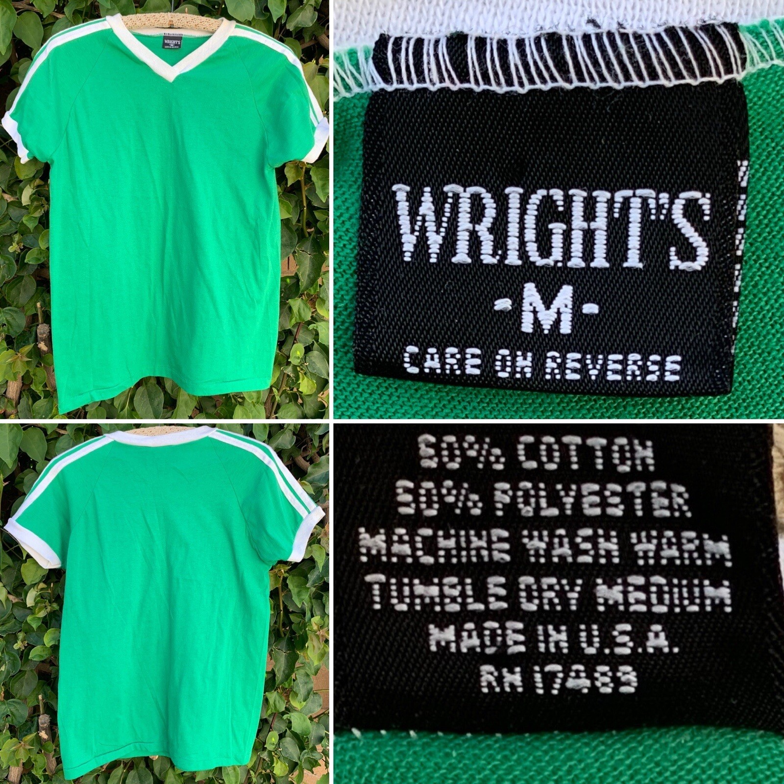 Vintage Wrights T Shirt Short Sleeve V Neck Ringer Tee Made In USA Size ...